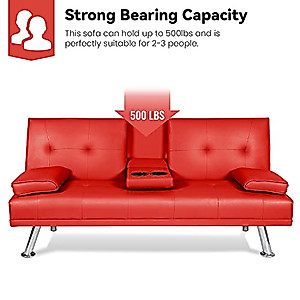 Lamerge Faux Leather Futon Sofa Bed Upholstered Modern Convertible Small Couch Adjustable Sleeper for Compact Living Space,Removable Armrests,Metal Legs,2 Cupholders, Red, 65.7''L x 18.8''W x 29.5''H