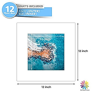 Mat Board Center, 12x12 White Mats for 8x8 Pictures - Acid Free, 4-ply Thickness, White Core, Bevel Cut - for Pictures, Photos, Framing - Pack of 12