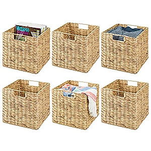 mDesign Natural Woven Hyacinth Cube Bin Basket Organizer with Handles, Storage for Bedroom, Home Office, Bathroom, Shelf and Cubby Organization, Hold Blankets, Magazines, Books, 6 Pack, Natural/Tan