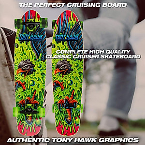 Tony Hawk 31" Complete Cruiser Skateboard, 9-ply Maple Deck Skateboard for Cruising, Carving, Tricks and Downhill, Slime Hawk
