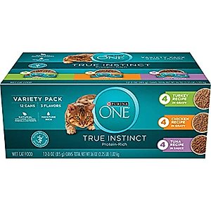 Purina ONE Natural, High Protein Wet Cat Food Variety Pack, True Instinct Turkey, Chicken & Tuna Recipes - (2 Packs of 12) 3 oz. Cans