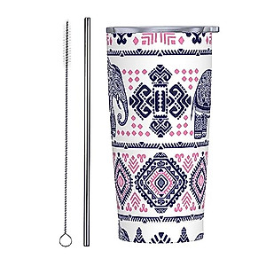 20oz Insulated Coffee Tumbler With Straw Stainless Steel Swig Tumblers,Travel Mugs Insulated For Hot And Cold,Reusable Thermal Water Bottle Cup For Car Camping Exercise（Mandala Bohemian Elephant ）