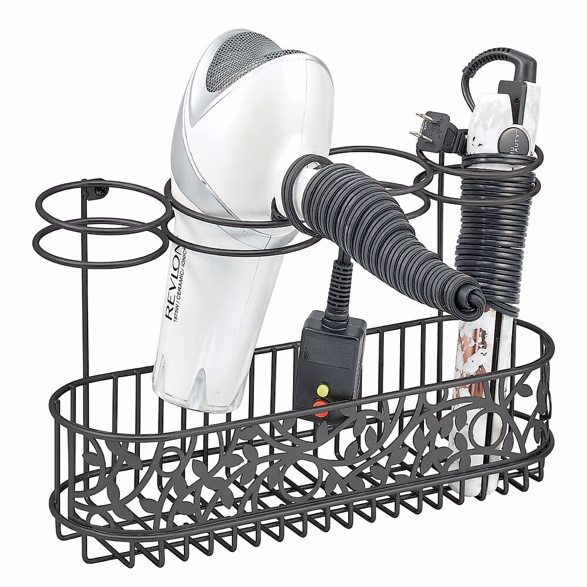 mDesign Steel Wall Mount Hair Dryer Holder, Styling Tool Storage Organizer Basket for Bathroom - Holds Hair Dryer, Flat Iron, Curling Wand, Hair Straighteners, Brushes - Arbor Collection - Matte Black