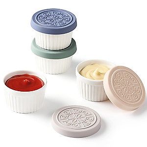 AOZITA Salad Dressing Container To Go, 2.4oz Porcelain Small Condiment Containers with Lids for Lunch Bento Box, Premium Silicone, Leakproof, Reusable Sauce Cups for Picnic and Travel, Dishwasher Safe