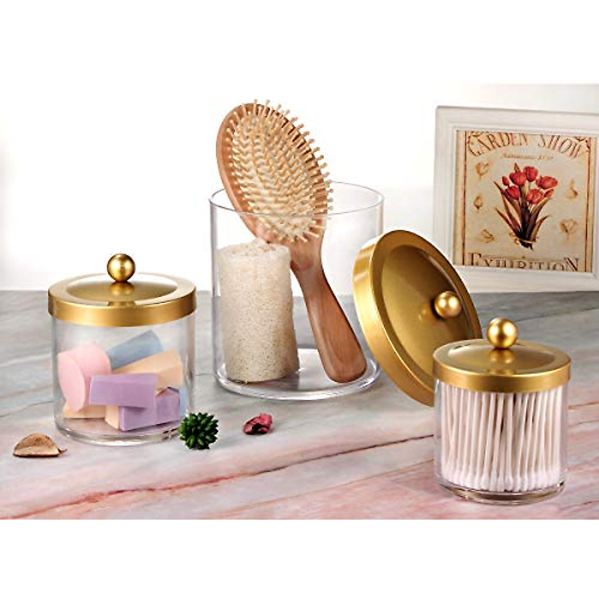 Premium Quality Apothecary Jars - Clear Plastic Storage Jars with Rust Proof Stainless Steel Lids - Bathroom Vanity Countertop Storage Organizer Canister Holder House Decor | Set of 3 (Gold)