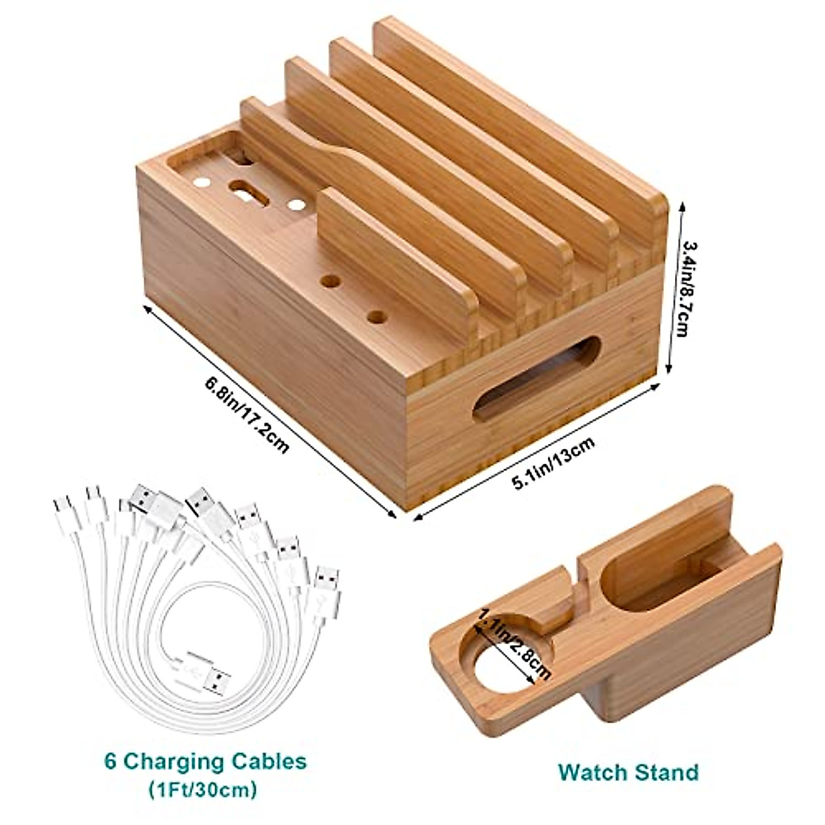 Pezin & Hulin Bamboo Charging Station for Multiple Devices (Included 5 Port USB Charger, 6 Pack Charge & Sync Cables, SmartWatch & Earbuds Stand), Electronic Device Desktop Dock Stations Organizer