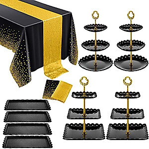 10 Pcs Dessert Table Display Set 3 Tiers Plastic Cupcake Stand Rectangle Serving Trays Tablecloth Sequin Table Runner for Wedding Birthday Baby Shower Tea Party Decorations (Black)