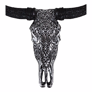Ebros Gift Silver and Black Tribal Floral Vines Tooled Steer Bison Bull Cow Skull Head with Horns Wall Mount Decor Artistic Replica Native Animal Bust Skulls Hanging Mounted Plaque Sculpture
