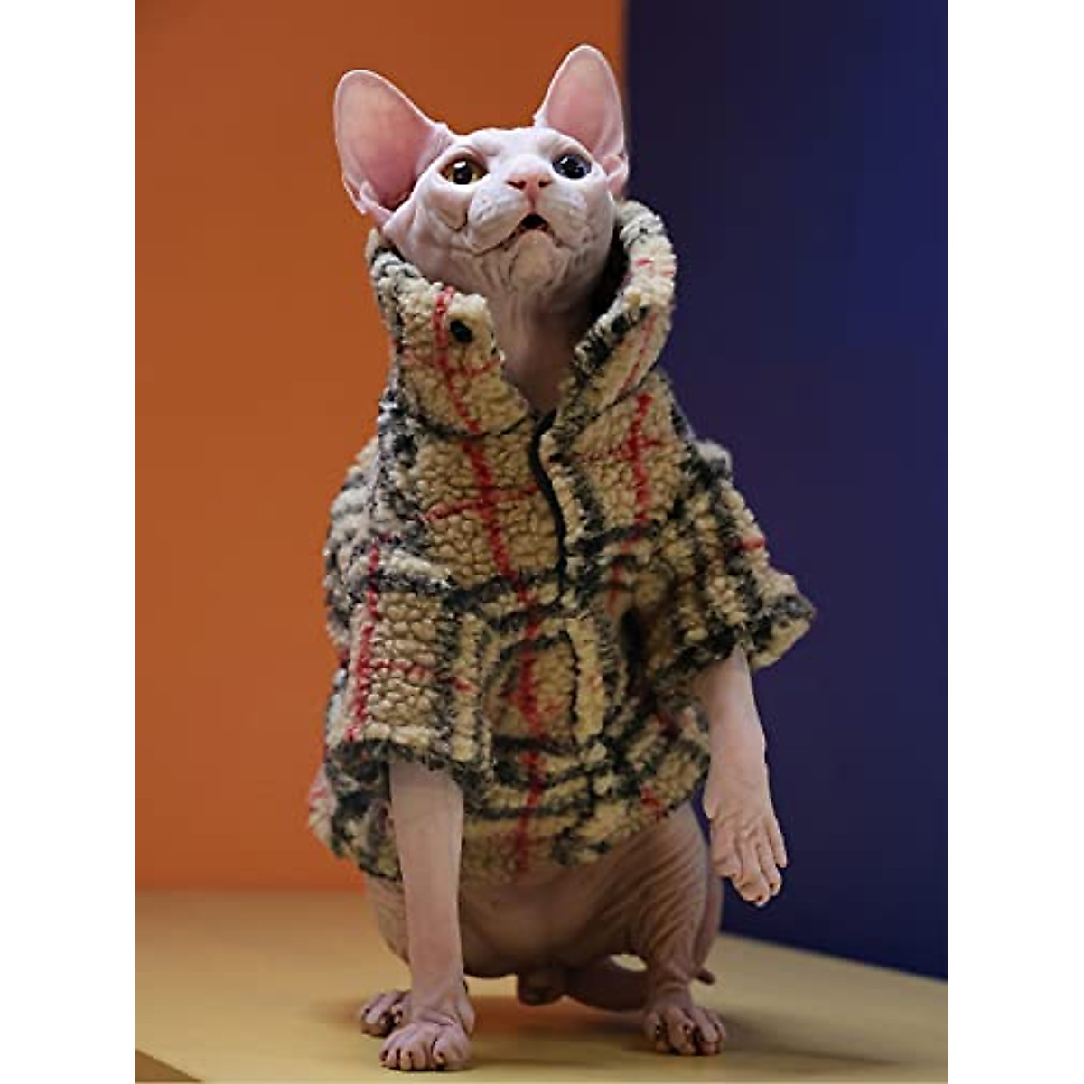 Sphynx Hairless Cat Clothes Winter Thick Warm Plaid Printing High Collar Button Coat for Cats Soft Faux Fur Pet Clothes with Sleeves (Vintage Plaid, M(4.4-5.5lbs))