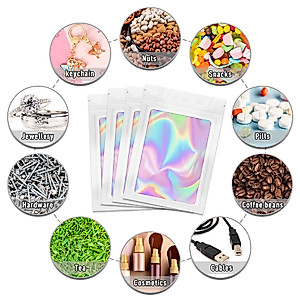 JTIEO 50Pcs Resealable Bags for Food Storage 4x6Inch Holographic Bags with Clear Window Foil Pouch Packaging Bag Self Sealing Bag for Party Favors, Lipgloss, Jewelry, Candy White