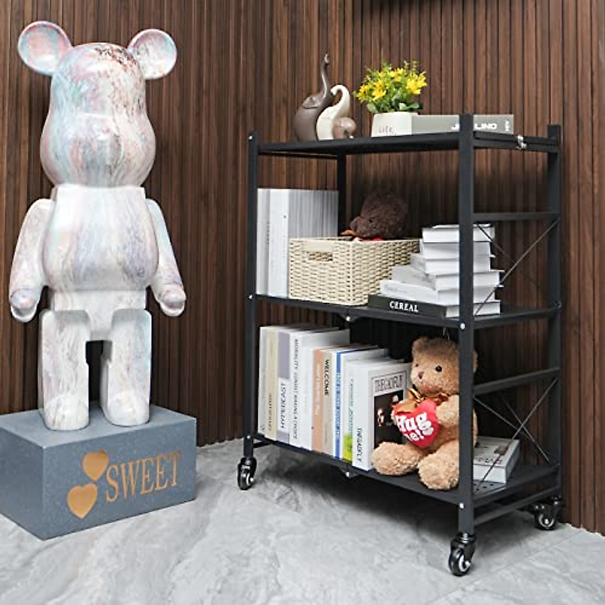 Tancee 3-Tier Foldable Storage Shelves with Upgraded Wheels, Free Standing Shelving Unit Utility Shelf, Storage Rack for Kitchen, Pantry, Garage, Basement