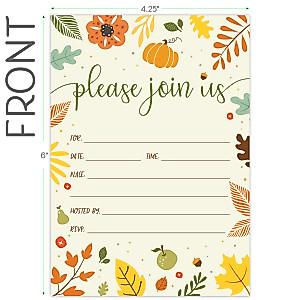 Koko Paper Co Fall Invitations in Autumn Colors with Pumpkin, Fruits and Florals. 25 Fill In Style Cards and Envelopes for Thanksgiving, Harvest Party, Birthday, Engagement, Bridal and Baby Shower, or