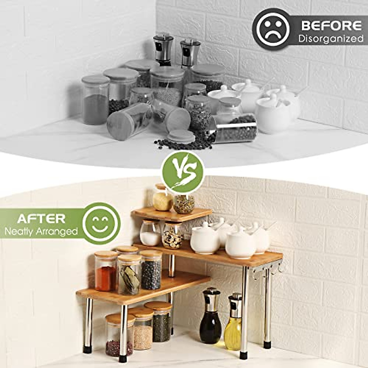 OLBRUS 3 Tier Corner Shelf Kitchen Spice Rack with Hooks, Adjustable Bamboo Space Saving Cabinet Organizer Display Shelves, Freestanding Countertop Storage Rack for Bedroom, Bathroom & Office