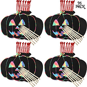 Outus 96 Pieces Halloween Scratch Paper, Halloween Pumpkins Crafts with Rainbow Colors, Halloween Pumpkins Art Paper Crafts Kit, Pumpkin Ornaments