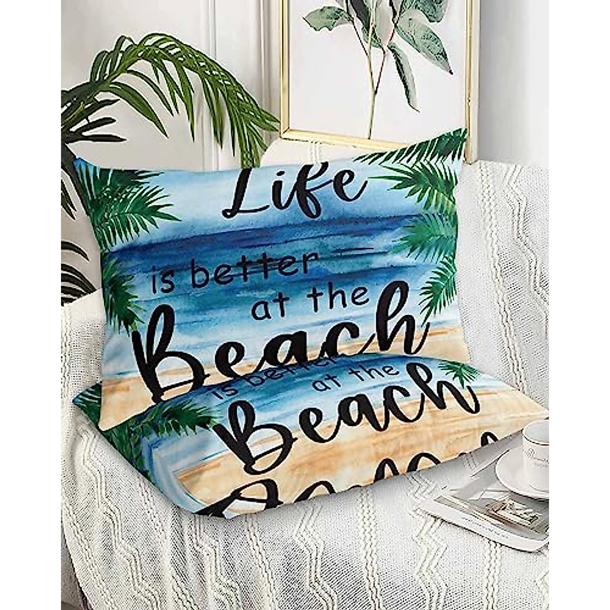 Life is Better at The Beach Pillow Covers Standard Size Set of 2 Bed Pillow, Summer Blue Ocean Tropical Plants Plush Soft Comfort for Hair/ Skin Cooling Pillowcases with Envelop Closure 20''x26''