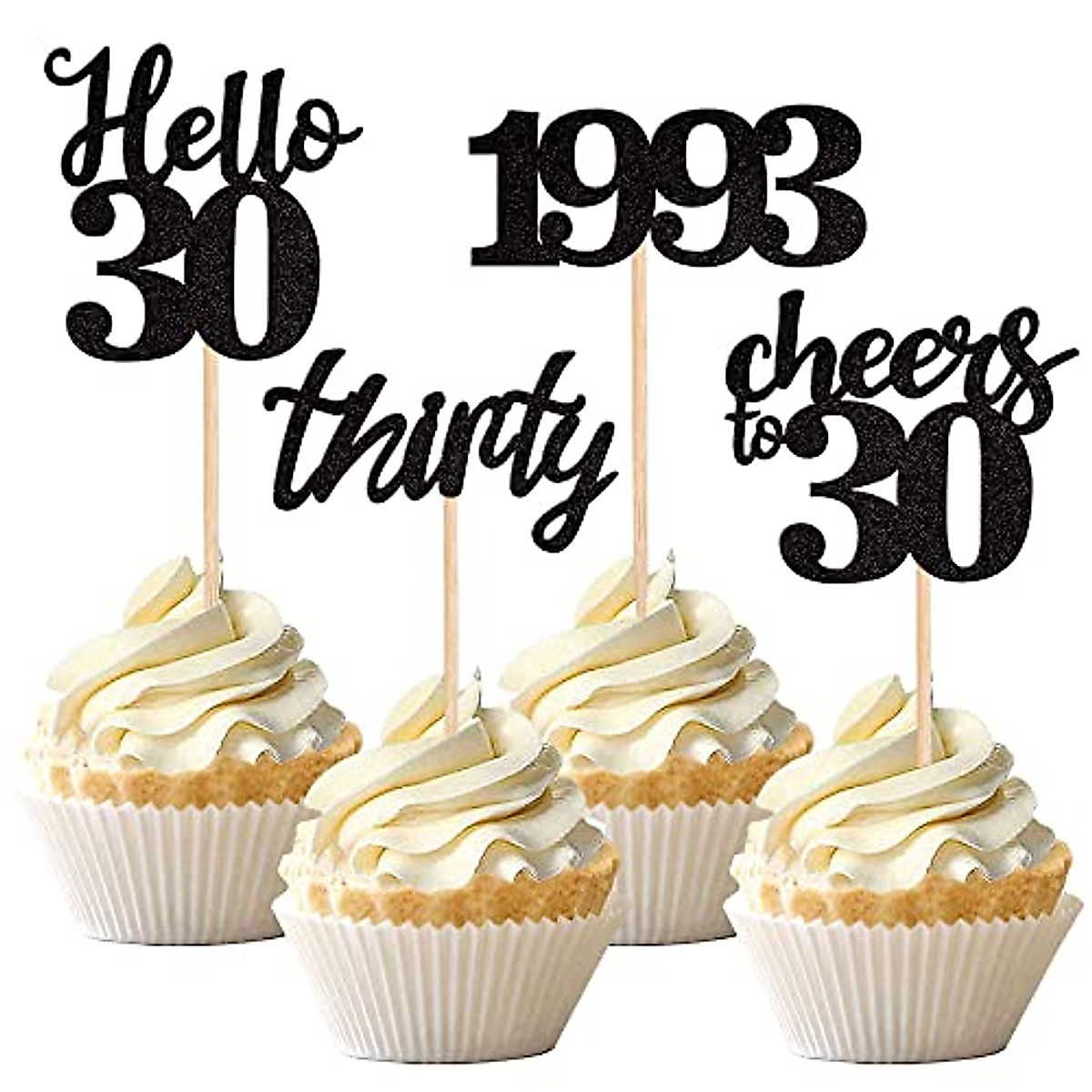 24 PCS Black 30th Birthday Cupcake Toppers Glitter Hello 30 Cupcake Topper Cheers to 30 Since 1993 Thirty Cupcake Picks for Happy 30th Birthday Anniversary Party Cake Decorations Supplies