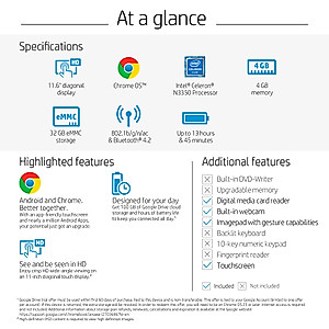 HP 4SH02UAR#ABA 2 in 1 Chromebook - x360 11 ae100 11 ae110nr 11.6 inches Touchscreen 1366 x 768 Celeron N3350 4 GB RAM 32 GB Flash Memory Refurbished Chrome OS Intel HD (Renewed)