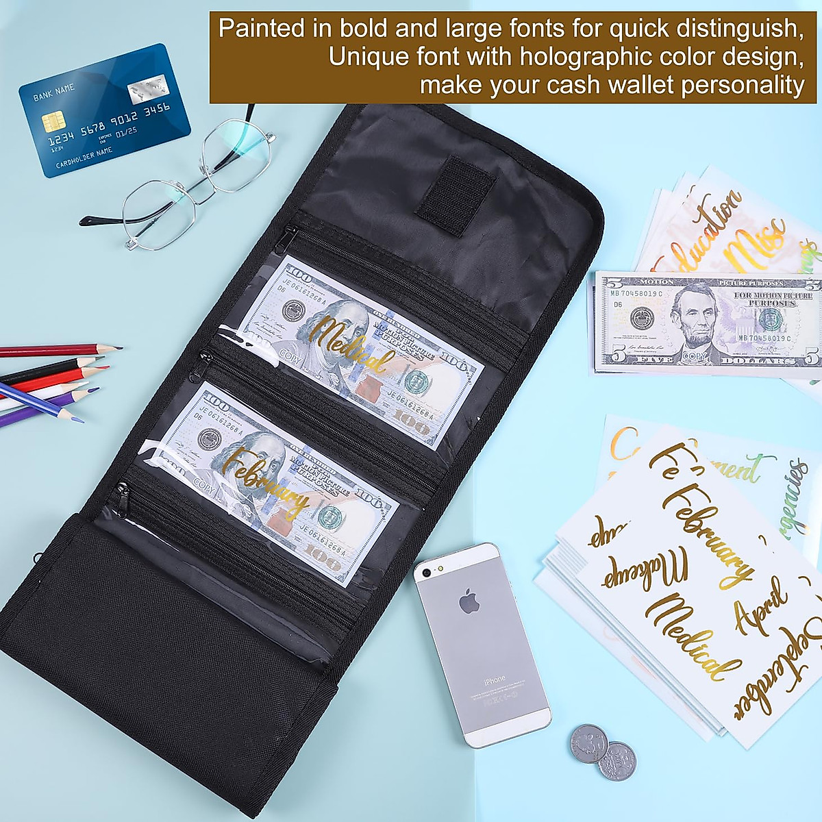 Money Wallet, Money Organizer for Cash with 10 Zippered Pocket, Large Capacity Money Pouch, Money Bag, Unisex Budget Wallet,Cash Bag with 60 Sticker Labels, Money Holder for Budgeting,Receipt and Tips