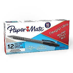 Paper Mate FlexGrip Ultra Retractable Ballpoint Pens, Medium Point, Black, Box of 12