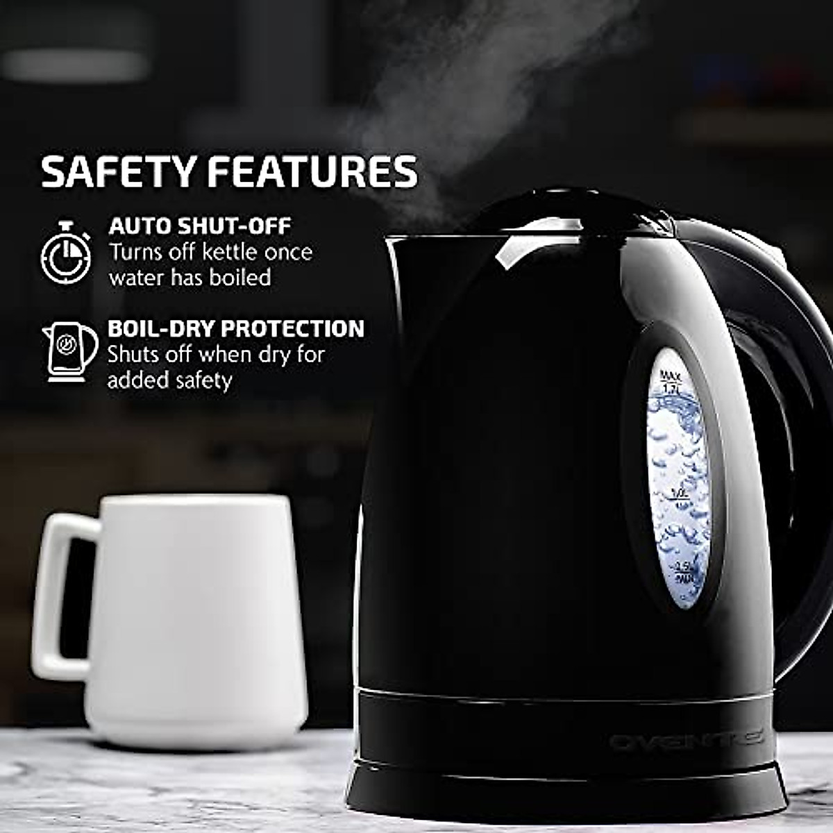 Ovente KP72B Electric Kettle, Illuminated, Black, 1.7L,