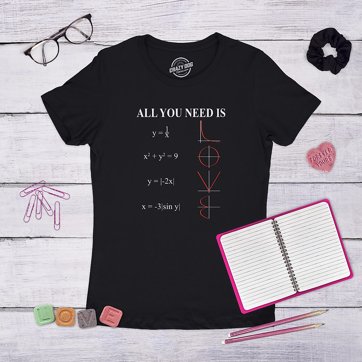 Womens All You Need is Love Equation Tshirt Funny Nerdy Math Tee Funny T Shirts Love Tops for Women Cool T Shirt Women's Novelty Tees Black - M