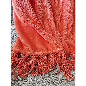 Cazlon Eyelash Textured Boho Style Decorative Throw Blanket with Chenille Tassels,100% Oeko-Tex Certified Flannel Blanket,Lightweight Cozy Throw for Bed Sofa Couch (50"x60", Coral Orange)
