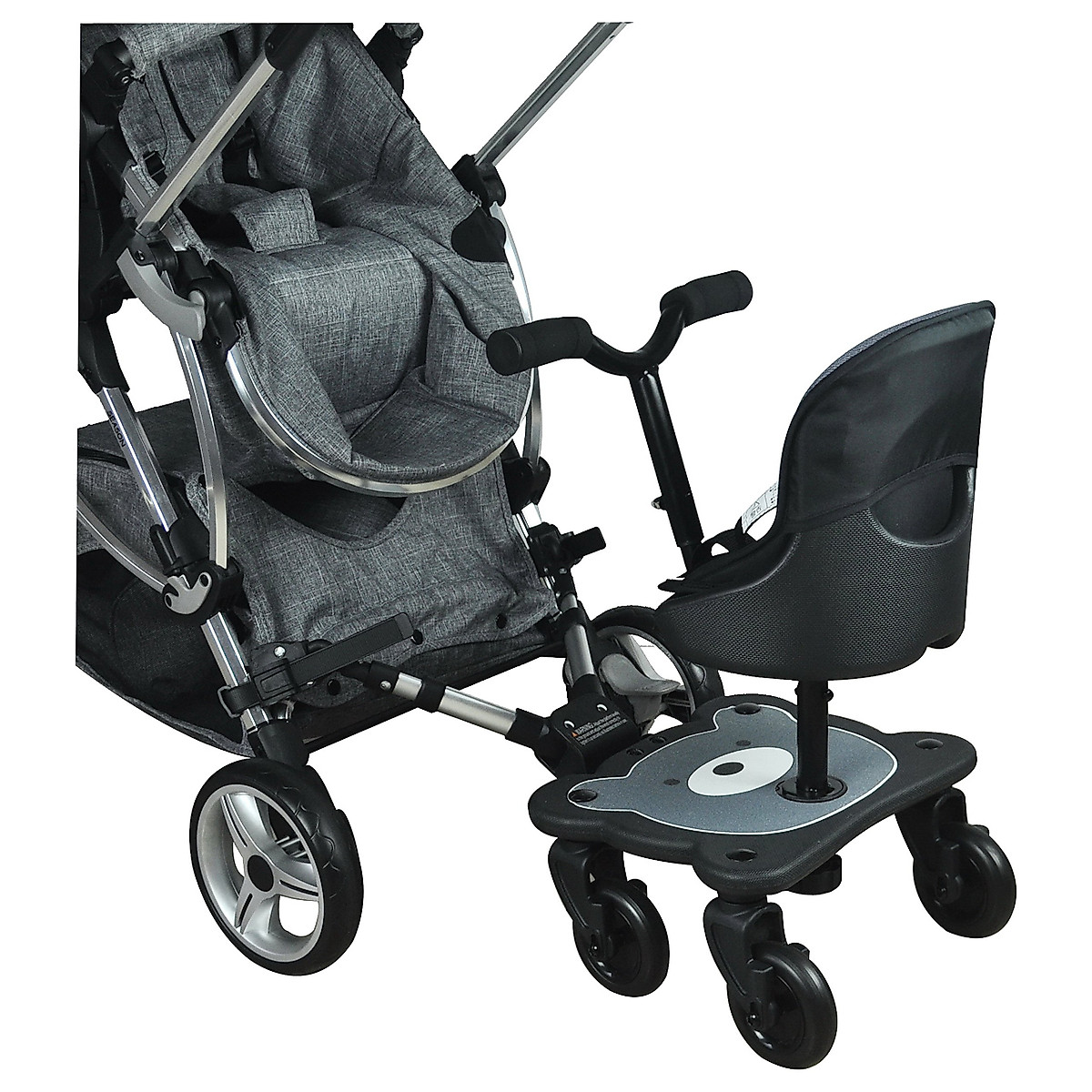 Englacha 2-in-1 Cozy 4-Wheel Rider, Black - Child Rider Stroller Attachment with Saddle Seat and Standing Platform - Universal Fit for Most Prams - Quick and Easy to Use - Designed for Safety