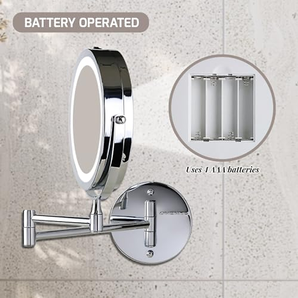 OVENTE 7" Lighted Wall Mount Makeup Mirror with 1X/10X Magnification, Cordless Double Sided Magnifying Round Vanity Mirror, 360° Swivel Design, Extendable and Folding Arm, Polished Chrome MFW70CH1X10X