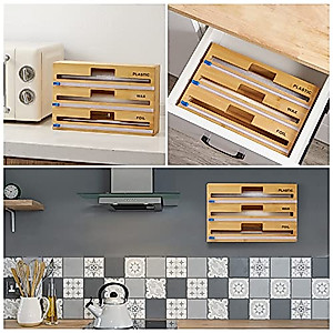 Saran Wrap Organizer with Cutter – a Kitchen Drawer Organizer for Foil and Plastic Wrap Cutter with 3 Free Rolls - Storage for Plastic Wrap and Foil