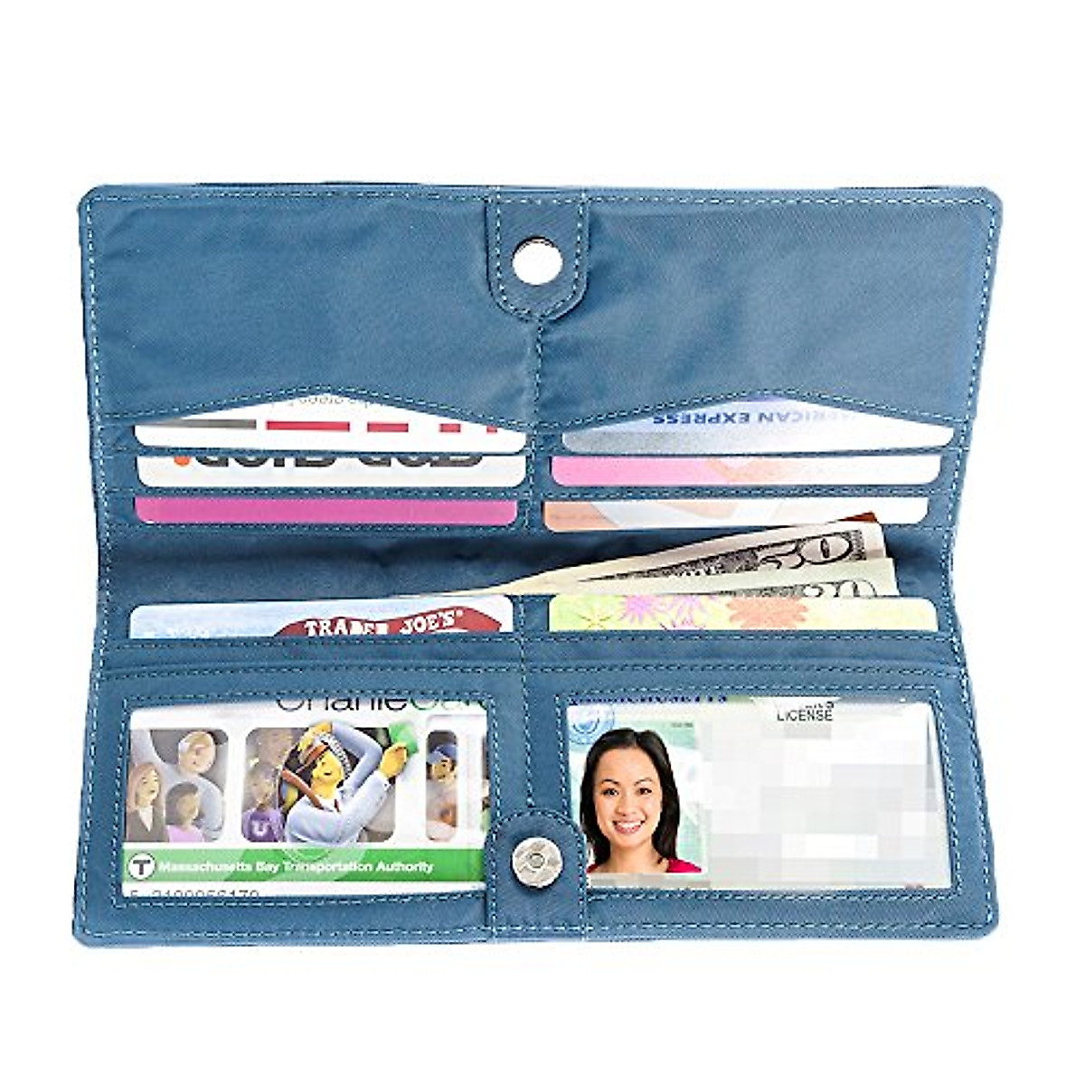 Big Skinny Women's Leather Executive Bi-Fold Checkbook Slim Wallet, Holds Up to 40 Cards,Lightweight, Slim, Ocean Blue
