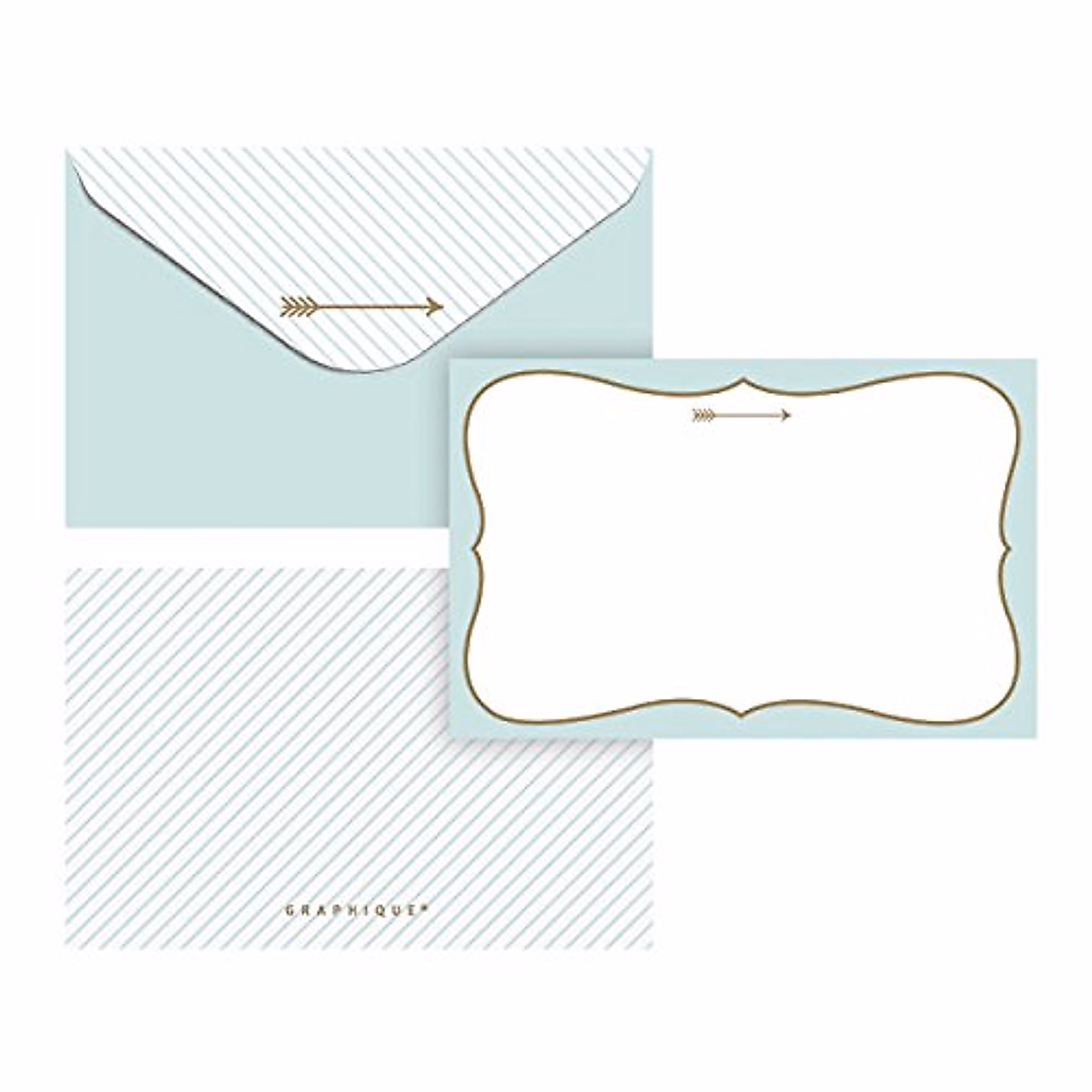 Graphique Mint and Gold Flat Notes – Note Card Stationery with Stylish, Soft Teal Border and Printed Gold Arrow, 50 Note Cards and Matching Envelopes for Thank You Notes, Invitations, Gifts and More, 5.625" x 3.5"