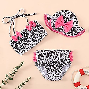 Toddler Baby Girls Swimsuit Bikini Sets Halter Sleeveless Crop Tube Top Ruffle Shorts Sun Hat 3Pcs Bathing Suit (Black Cow Print, 12-18 Months)