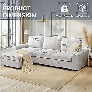 HALLYBEE 101" Modular Sectional Sofa Convertible L Shaped Couch with Storage Ottoman Linen White Couch with Chaise Comfy Sectional Couches for Living Room Apartment Office