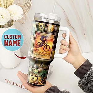 WAZONE Personalized Mountain Biking Tumbler 40oz with Handle and Straw Custom Name Insulated Travel Coffee Mug Stainless Steel Tumblers For Biker Bike Riding Lover Men Him Dad Papa On Birthday
