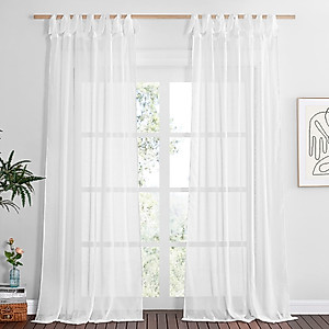 NICETOWN White Linen Sheer Curtains 84 inch Long 2 Panels, Adjustable Tie Top DIY Crafted Flax Semi Sheer Privacy with Light Filtering Vertical Drapes for Bedroom/Living Room, W52 x L84