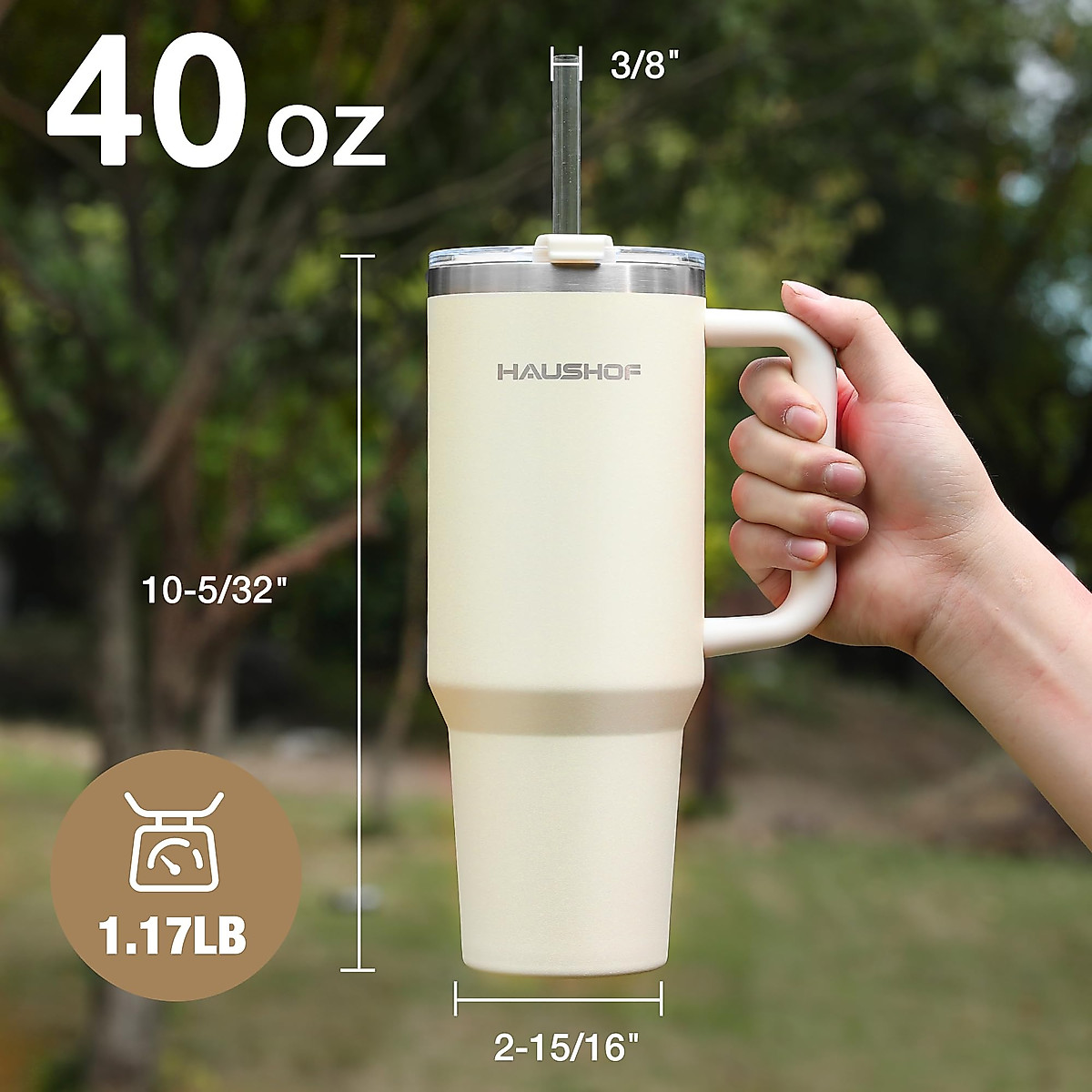 HAUSHOF 40 oz Tumbler with Handle and Straw, Insulated Stainless Steel Coffee Tumbler with Tritan Lid, Double Walled Travel Mug Water Bottle Cup, Large Tumbler for Hot and Cold Drinks