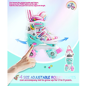 Rainbow Unicorn Kids Roller Skates for Girls Boys Toddler Ages 3-6,4-Pejiijar Adjustable Roller Shoes with Luminous Wheels for Birthday Xmas Gifts (Green, Small(10-13J))
