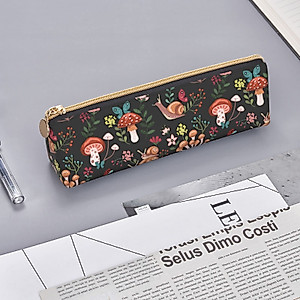 Ykklima Mushroom Snails Butterfly Flower Pattern Leather Pencil Case Zipper Pen Makeup Cosmetic Holder Pouch Stationery Bag for School, Work, Office