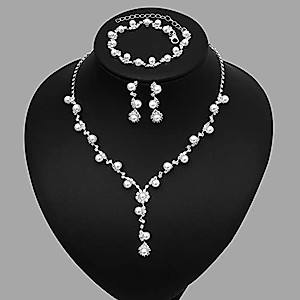 Elegant Bride Bridesmaid Jewelry Sets for Wedding Prom Bridal Necklace Earrings Bracelet Set Women Formal Dress Accessories (Style #1-white pearl-silver tone)