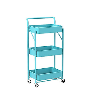 Foldable Storage Cart 3 Tier Rolling Cart with Wheels No Assemble Required Metal Utility Kitchen Cart Folding Shelves for Storage and Organizer for Classroom, Bedroom