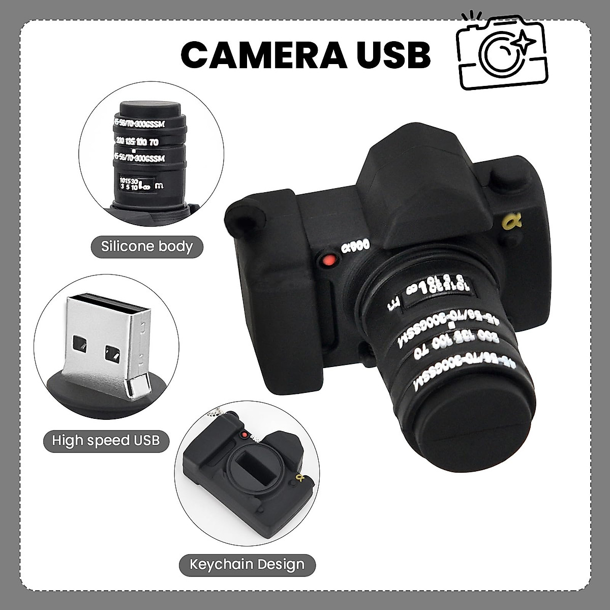 Novelty Cute Cartoon USB 2.0 Flash Drive Data Storage Memory Stick Camera Shape USB Stick Pendrive Gift (16GB, Camera Black)