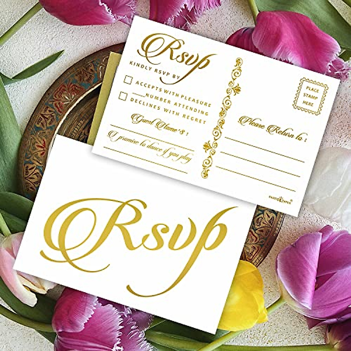 PARTH iMPEX RSVP Postcards for Wedding - (Pack of 50) Gold Foil Stamping with Mailing Side 4"x6" Response Cards All Occasion Mailable - White