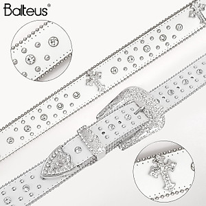 Women Men Rhinestone Belt,Fashion Western Cowgirl Cowboy Bling Studded Cross Leather Belt Diamond Belt for Jeans Dress,White,M