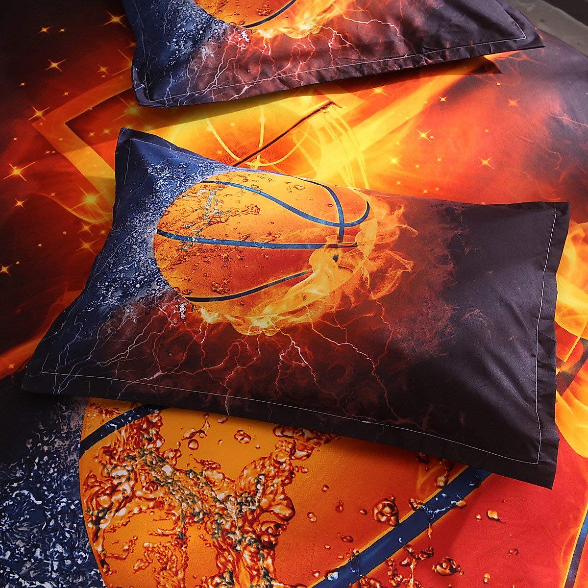 Tenghe 3D Basketball Duvet Cover Sets Fire Water Print for Teen Boys Kids Sports Bedding Sets Bed Cover 1 Duvet Cover + 1 Pillowcases(Basketball,Twin)