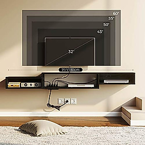 Rolanstar TV Stand with Power Outlet, 71" Floating TV Stand, Wall Mounted Media Console for 43/50 / 55/60 inches TV, Entertainment Storage Shelf for Living Room, Black