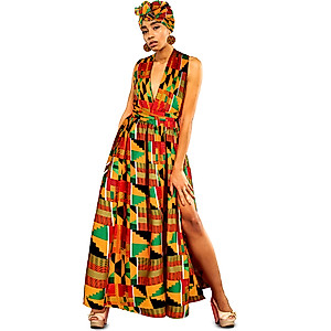 Haysandy 3 Pcs Women African Ankara Print Traditional Costume Set Long Maxi Dress Headwraps Scarf Drop Dangle Earrings(X-Large)
