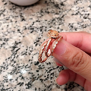 Blue Apple Co. Three Piece Halo Art Deco Wedding Band Engagement Ring Oval Simulated Morganite Round Cubic Zirconia 925 Sterling SilverSize-7