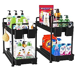 2Pack Under Sink Organizers and Storage,2Tier Pull Out Bathroom Cabinet Organizer with Sliding Drawers,Black Sliding Organization and Storage for Bathroom,Kitchen,Countertop,Black, free size
