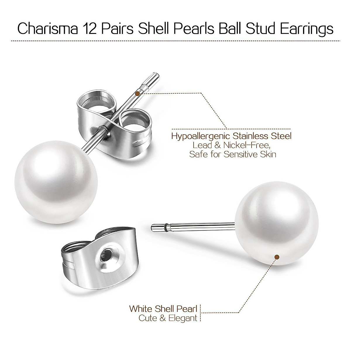 Charisma 8mm Composite Pearl Earrings Round Ball Pearls Stud Earrings Hypoallergenic 12 Pairs Imitation Pearl Earrings Set for Women