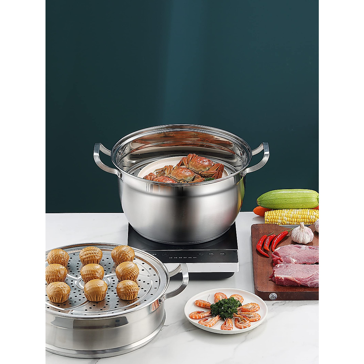 Thick-bottomed Stainless Steel Steamer Pot 2 Tier Food Steamer for Cooking Multipurpose Cookware with Tempered Glass Lid for Vegetable, tamale,Dumpling, egg, Sauce, Food (12.6 INCH)